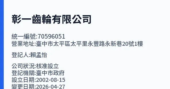 彰一齒輪有限公司的照片-統編 70596051(臺中市) 公司登記資料與營業項目詳細圖表