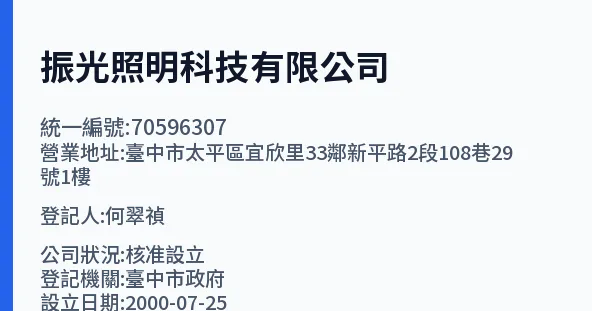 振光照明科技有限公司的照片-統編 70596307(臺中市) 公司登記資料與營業項目詳細圖表