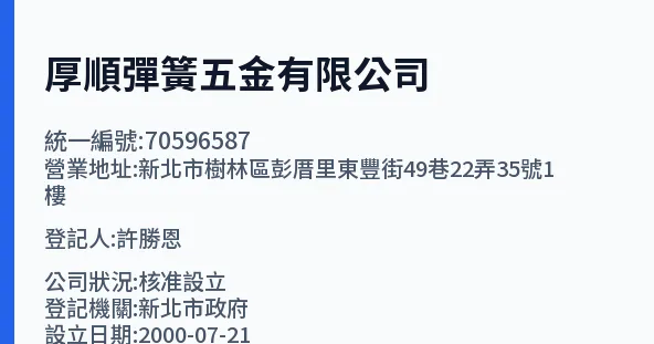 厚順彈簧五金有限公司的照片-統編 70596587(新北市) 公司登記資料與營業項目詳細圖表