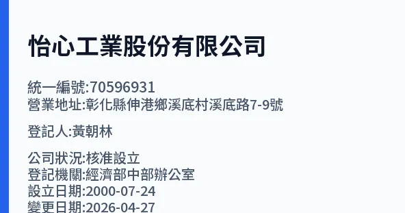 怡心工業股份有限公司的照片-統編 70596931(彰化縣) 公司登記資料與營業項目詳細圖表