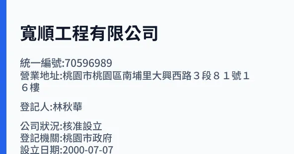 寬順工程有限公司的照片-統編 70596989(桃園市) 公司登記資料與營業項目詳細圖表