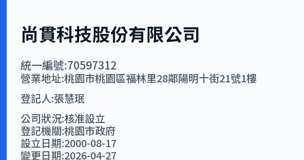 尚貫科技股份有限公司的照片-統編 70597312(桃園市) 公司登記資料與營業項目詳細圖表