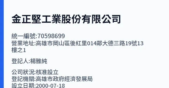 金正堅工業股份有限公司的照片-統編 70598699(高雄市) 公司登記資料與營業項目詳細圖表
