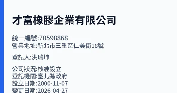 才富橡膠企業有限公司的照片-統編 70598868(新北市) 公司登記資料與營業項目詳細圖表