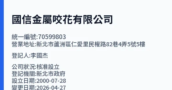 國信金屬咬花有限公司的照片-統編 70599803(新北市) 公司登記資料與營業項目詳細圖表