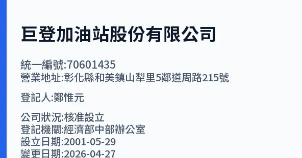 巨登加油站股份有限公司的照片-統編 70601435(彰化縣) 公司登記資料與營業項目詳細圖表