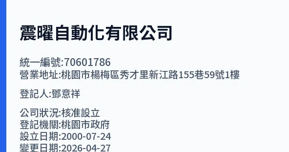 震曜自動化有限公司的照片-統編 70601786(桃園市) 公司登記資料與營業項目詳細圖表