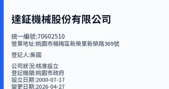 達鉦機械股份有限公司的照片-統編 70602510(桃園市) 公司登記資料與營業項目詳細圖表