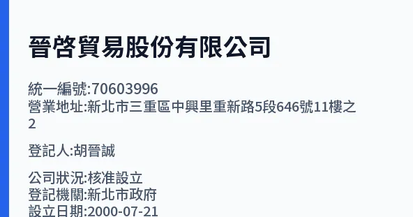 晉啓貿易股份有限公司的照片-統編 70603996(新北市) 公司登記資料與營業項目詳細圖表