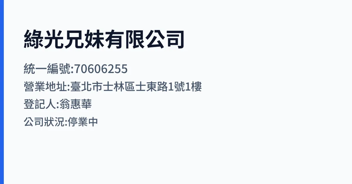 綠光兄妹有限公司 - 統編 70606255(臺北市) 公司登記資料與營業項目詳細圖表