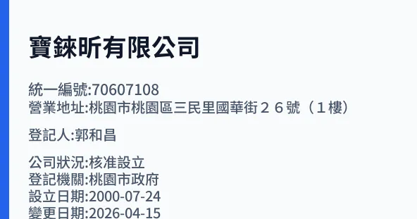 寶錸昕有限公司的照片-統編 70607108(桃園市) 公司登記資料與營業項目詳細圖表