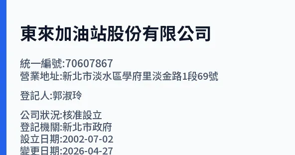 東來加油站股份有限公司的照片-統編 70607867(新北市) 公司登記資料與營業項目詳細圖表