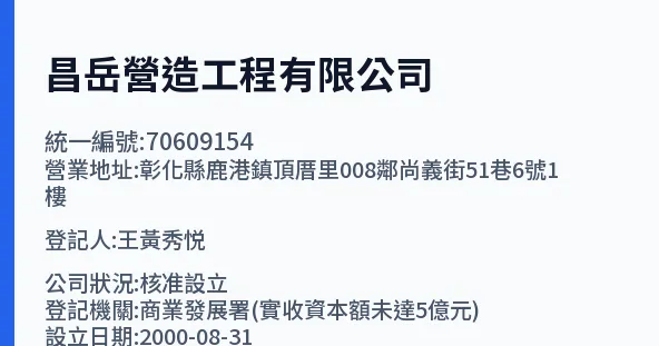 昌岳營造工程有限公司的照片-統編 70609154(彰化縣) 公司登記資料與營業項目詳細圖表