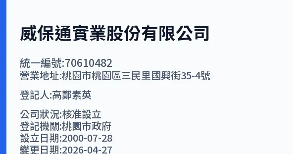 威保通實業股份有限公司的照片-統編 70610482(桃園市) 公司登記資料與營業項目詳細圖表