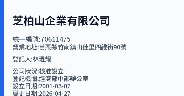 芝柏山企業有限公司的照片-統編 70611475(苗栗縣) 公司登記資料與營業項目詳細圖表