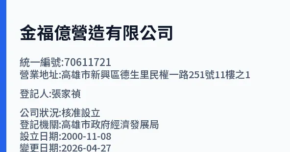 金福億營造有限公司的照片-統編 70611721(高雄市) 公司登記資料與營業項目詳細圖表