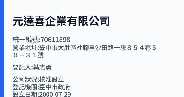 元達喜企業有限公司的照片-統編 70611898(臺中市) 公司登記資料與營業項目詳細圖表