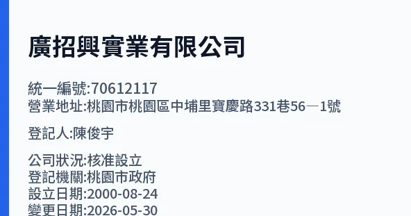 廣招興實業有限公司的照片-統編 70612117(桃園市) 公司登記資料與營業項目詳細圖表