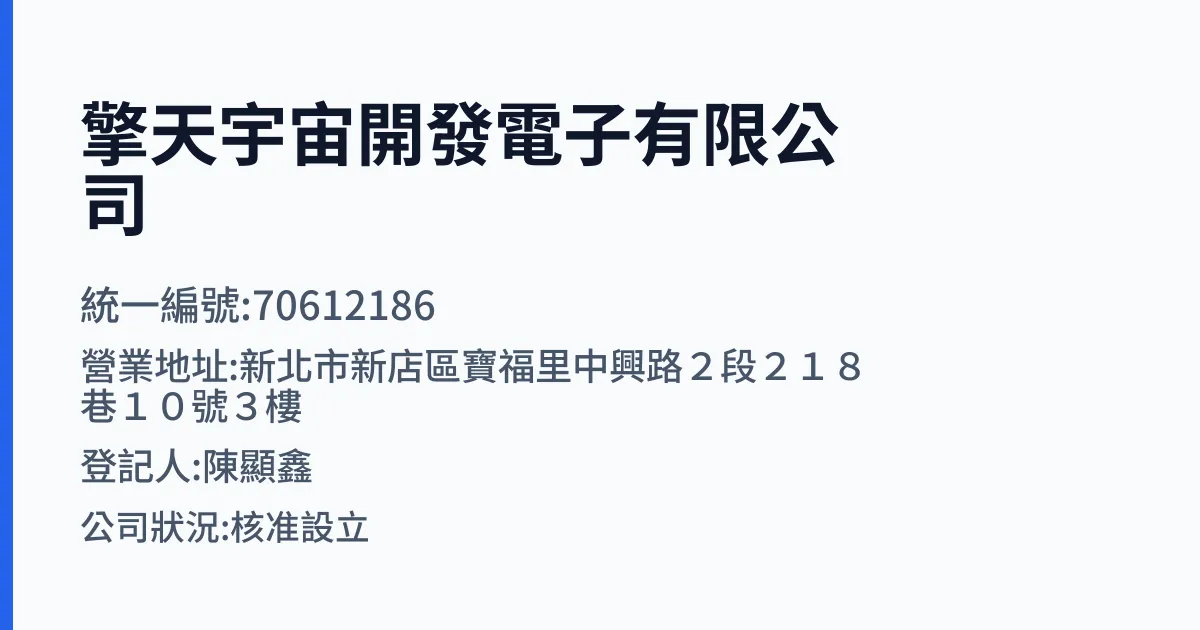擎天宇宙開發電子有限公司 - 統編 70612186(新北市) 公司登記資料與營業項目詳細圖表