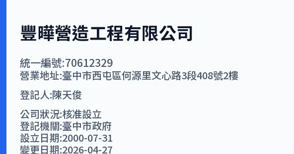 豐曄營造工程有限公司的照片-統編 70612329(臺中市) 公司登記資料與營業項目詳細圖表