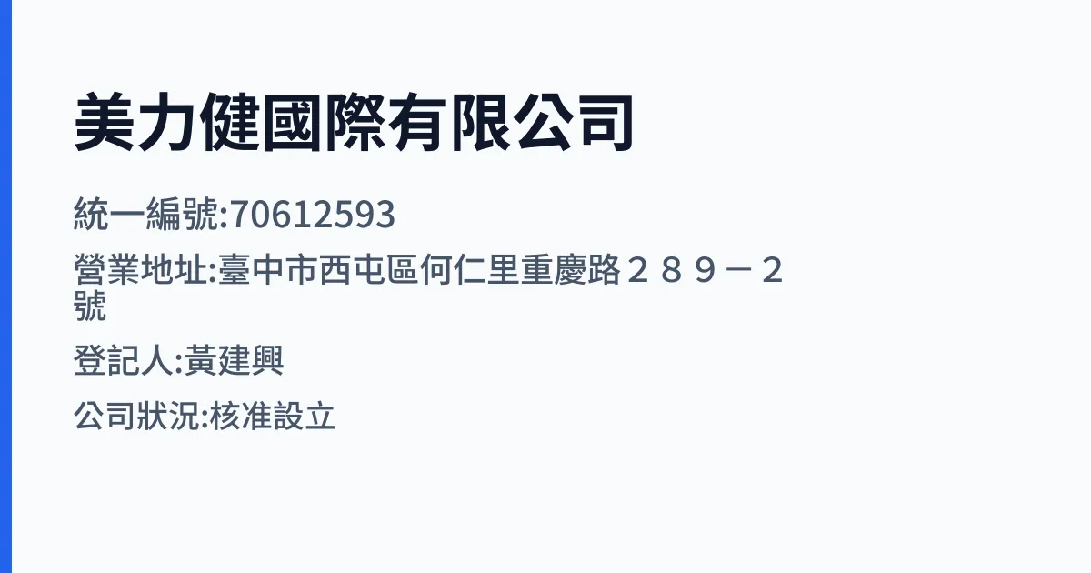 美力健國際有限公司 - 統編 70612593(臺中市) 公司登記資料與營業項目詳細圖表