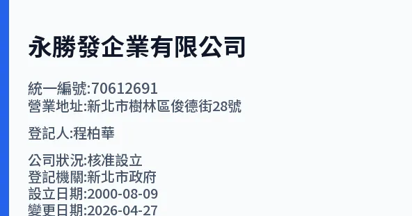 永勝發企業有限公司的照片-統編 70612691(新北市) 公司登記資料與營業項目詳細圖表