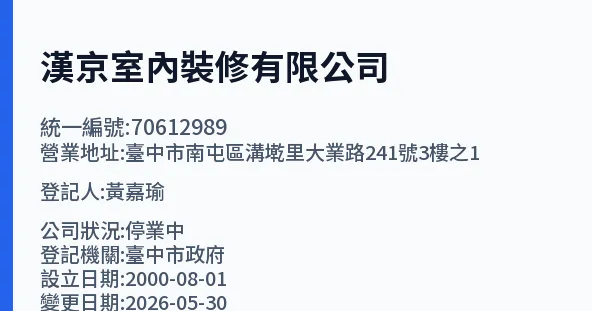 漢京室內裝修有限公司的照片-統編 70612989(臺中市) 公司登記資料與營業項目詳細圖表