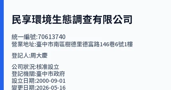 民享環境生態調查有限公司的照片-統編 70613740(臺中市) 公司登記資料與營業項目詳細圖表