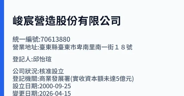 峻宸營造股份有限公司的照片-統編 70613880(臺東縣) 公司登記資料與營業項目詳細圖表