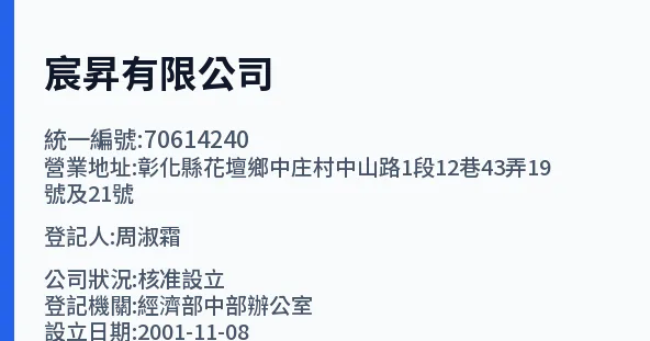宸昇有限公司的照片-統編 70614240(彰化縣) 公司登記資料與營業項目詳細圖表