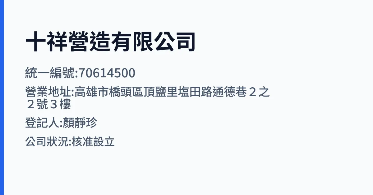 十祥營造有限公司 - 統編 70614500（高雄市） 公司登記資料與營業項目詳細圖表
