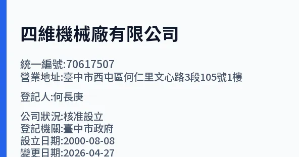 四維機械廠有限公司的照片-統編 70617507(臺中市) 公司登記資料與營業項目詳細圖表