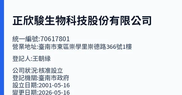 正欣駿生物科技股份有限公司的照片-統編 70617801(臺南市) 公司登記資料與營業項目詳細圖表