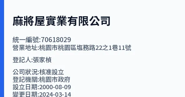 麻將屋實業有限公司的照片-統編 70618029(桃園市) 公司登記資料與營業項目詳細圖表