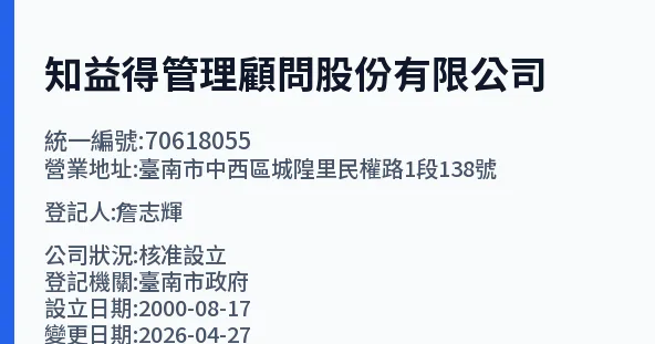 知益得管理顧問股份有限公司的照片-統編 70618055(臺南市) 公司登記資料與營業項目詳細圖表