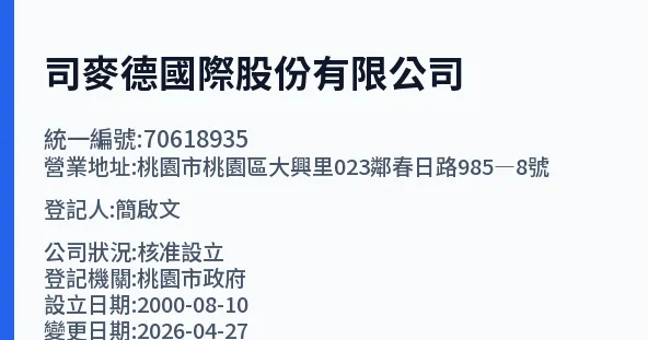 司麥德國際股份有限公司的照片-統編 70618935(桃園市) 公司登記資料與營業項目詳細圖表