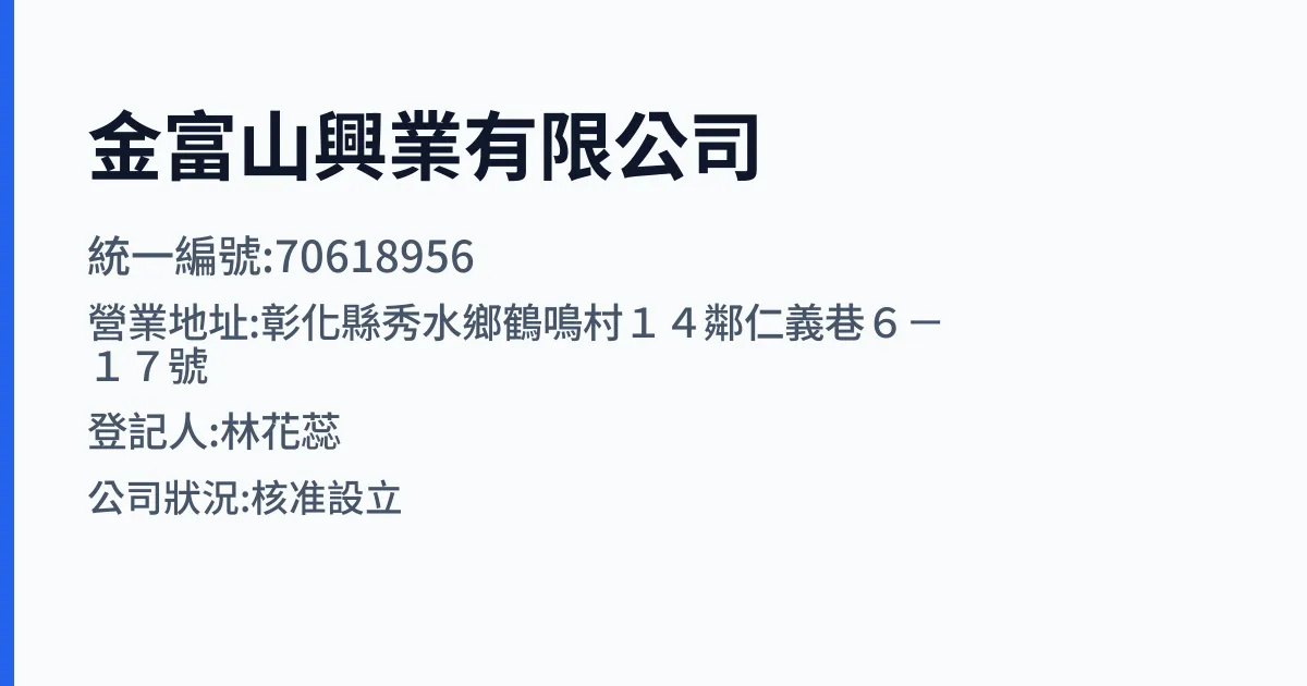 金富山興業有限公司 - 統編 70618956(彰化縣) 公司登記資料與營業項目詳細圖表