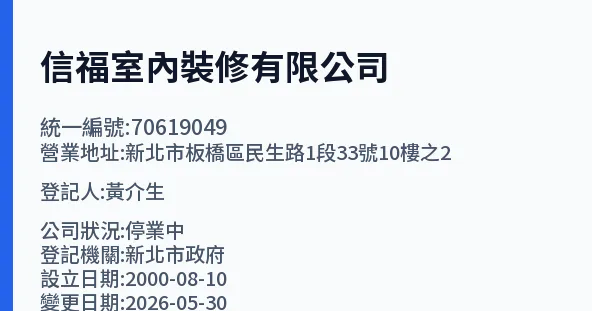 信福室內裝修有限公司的照片-統編 70619049(新北市) 公司登記資料與營業項目詳細圖表