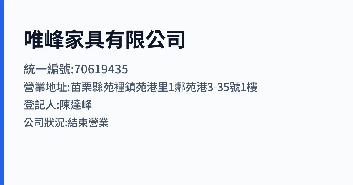 唯峰家具有限公司 - 統編 70619435(苗栗縣) 公司登記資料與營業項目詳細圖表
