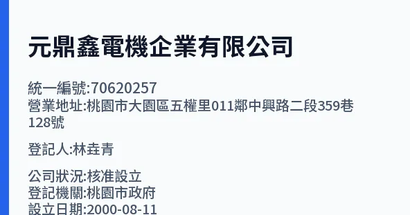 元鼎鑫電機企業有限公司的照片-統編 70620257(桃園市) 公司登記資料與營業項目詳細圖表