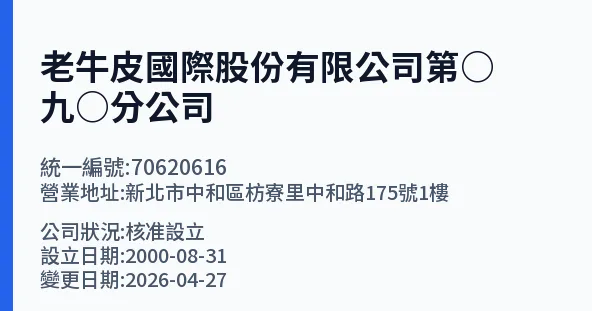 老牛皮國際股份有限公司第○九○分公司的照片-統編 70620616(新北市) 公司登記資料與營業項目詳細圖表