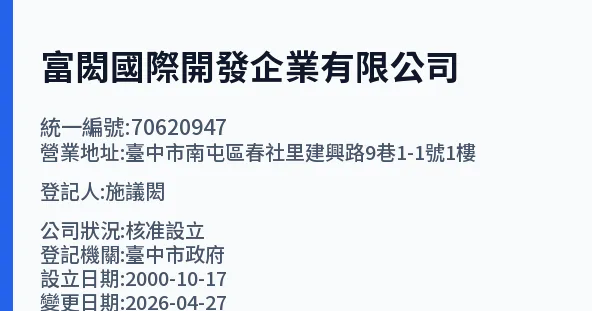 富閎國際開發企業有限公司的照片-統編 70620947(臺中市) 公司登記資料與營業項目詳細圖表