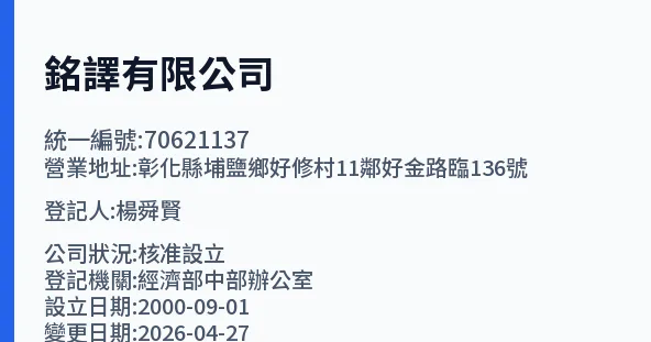 銘譯有限公司的照片-統編 70621137(彰化縣) 公司登記資料與營業項目詳細圖表
