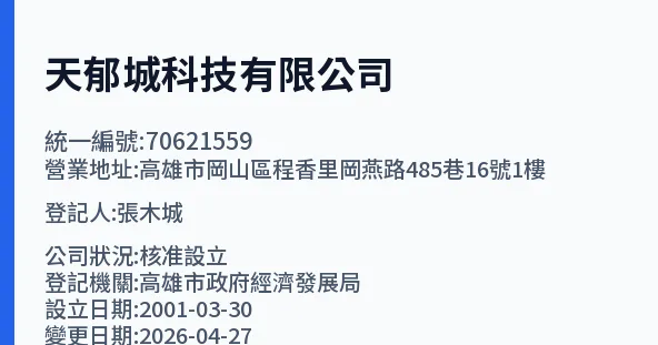 天郁城科技有限公司的照片-統編 70621559(高雄市) 公司登記資料與營業項目詳細圖表