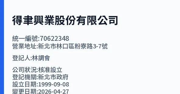 得聿興業股份有限公司的照片-統編 70622348(新北市) 公司登記資料與營業項目詳細圖表