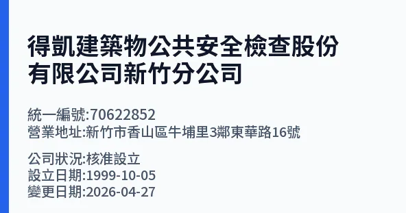 得凱建築物公共安全檢查股份有限公司新竹分公司的照片-統編 70622852(新竹市) 公司登記資料與營業項目詳細圖表