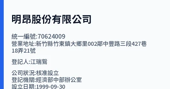 明昂股份有限公司的照片-統編 70624009(新竹縣) 公司登記資料與營業項目詳細圖表