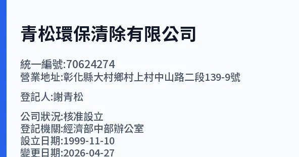 青松環保清除有限公司的照片-統編 70624274(彰化縣) 公司登記資料與營業項目詳細圖表