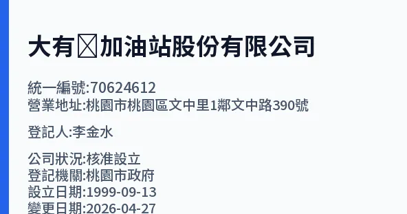 大有爲加油站股份有限公司的照片-統編 70624612(桃園市) 公司登記資料與營業項目詳細圖表