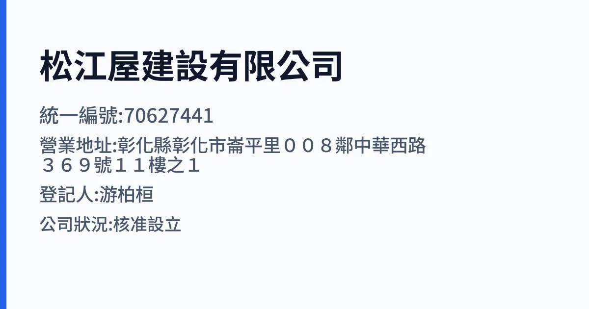 松江屋建設有限公司 - 統編 70627441(彰化縣) 公司登記資料與營業項目詳細圖表